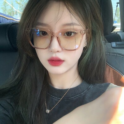 韩版凹造型透明茶粉色方框眼镜