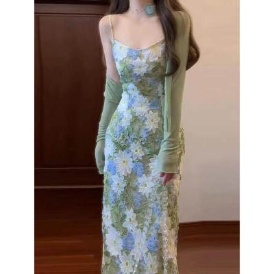 法式rouje damas气质刺绣吊带连衣裙开衫两件套独特绝美收腰长裙