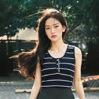 设计师条纹针织背心女夏薄款修身无袖上衣纽扣装DPYK08B2C8297SN