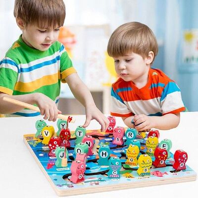 1 Set Alphabet Preschool Board Magnetic Wooden Fishing Game