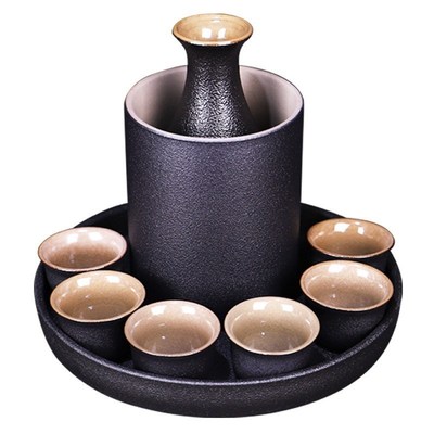 Japanese Style Ceramic Sake Pot Cup Set Black Pottery Liquor