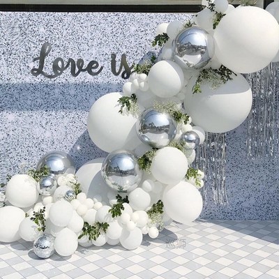 101pcs Silver 4D White Balloons Garland Silver Confetti Ball