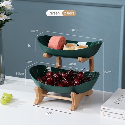 2/3 Tiers Plastic Fruit Plates With Wood Holder Oval Serving