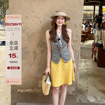 Echoone 知野 设计感小众格纹背心2026新款新款时髦百搭无袖上衣