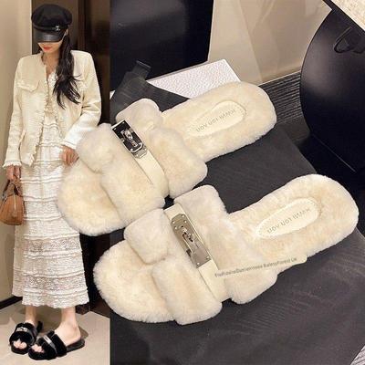 英国平底毛毛拖鞋女外穿2025新款秋冬金属扣老钱风毛绒一字棉拖鞋