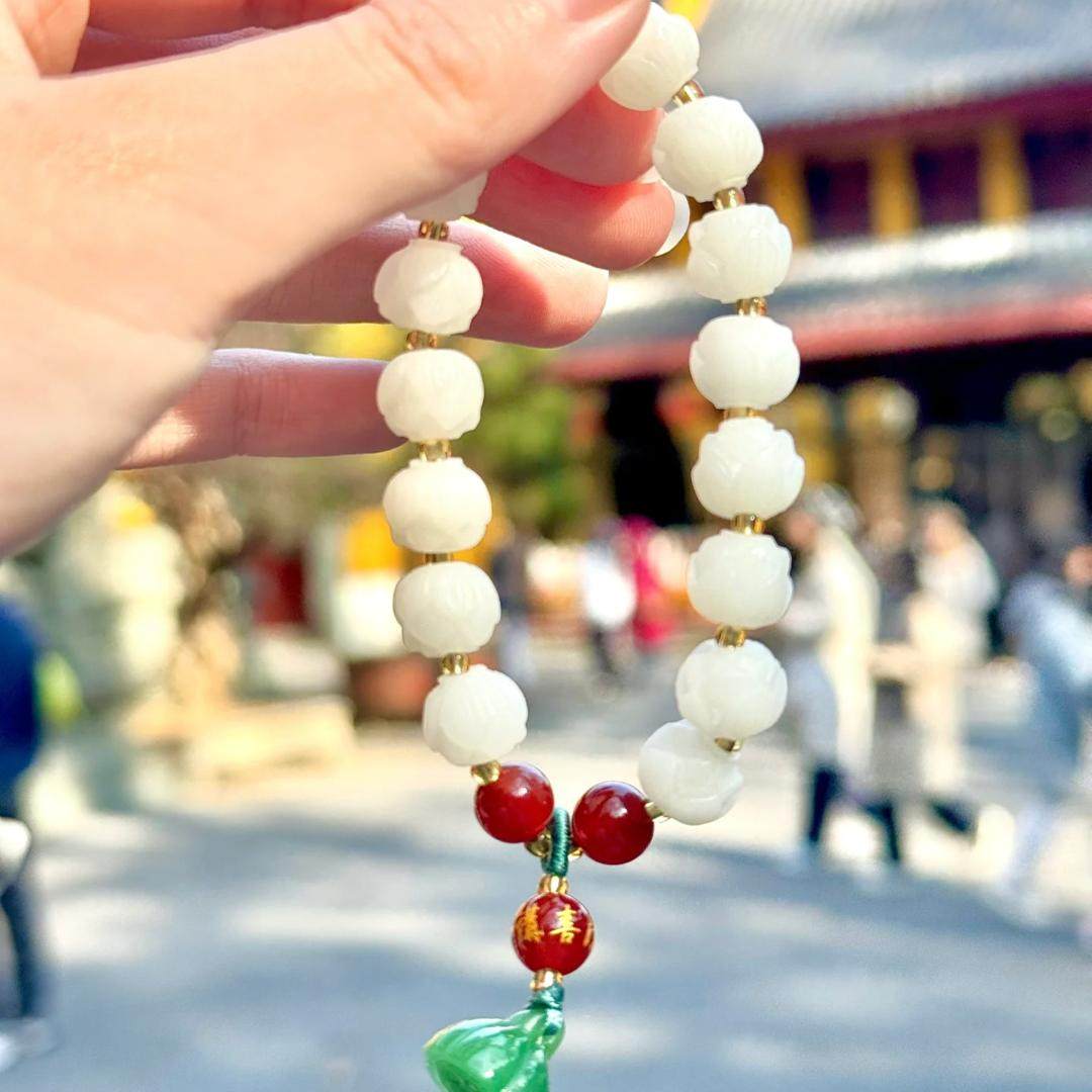 杭州官方正品文创白玉莲花好运连连手串七月同款男女桃花寺手链