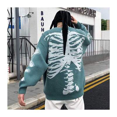 Men Oversized Sweater Black Loose Skeleton Bone Print Women