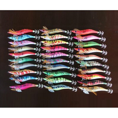 15Pcs Luminous Squid Jig Lures Wood Shrimp Bait 2.5# 3.5# 11