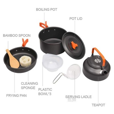 Outdoor Camping Cookware Kit Aluminum Cooking Pots Set Water