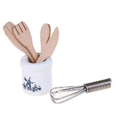 Wooden Knife And Fork Metal Whisk Jar Set Dollhouse
