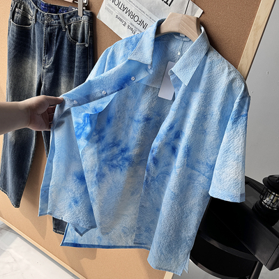 西班牙高街泡泡纱面料夏季复古印花宽松休闲潮流衬衫衬衣男S00468