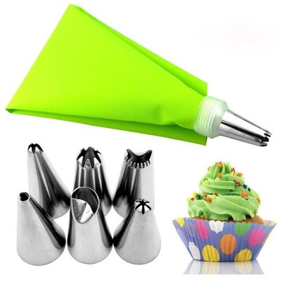 Silicone Icing Piping Cream Pastry Bag 6 Stainless Steel Cak