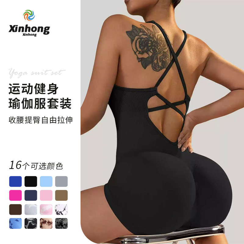 欧美背心式瑜伽连体衣短裤性感包臀一体式新款运动连体衣裤