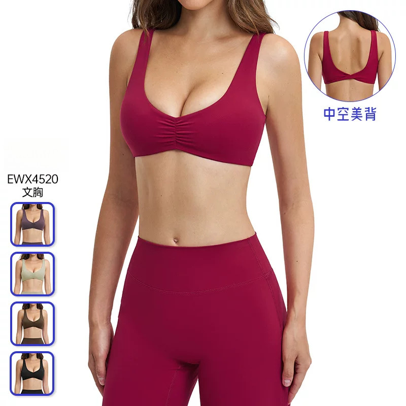 缩皱双肩带美背瑜伽文胸欧美运动内衣女运动户外健身上衣