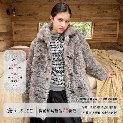 HSUSE曙色牛角扣保暖仿毛皮外套