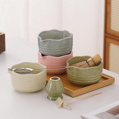 新品Matcha八件套粉色陶瓷抹茶碗套装茶筅抹茶刷百本立彩盒套装