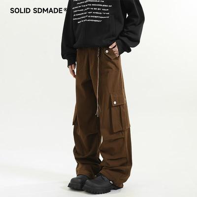 SOLIDSDMADE 美拉德棕色伞兵工装裤男秋冬美式高街休闲宽松直筒裤