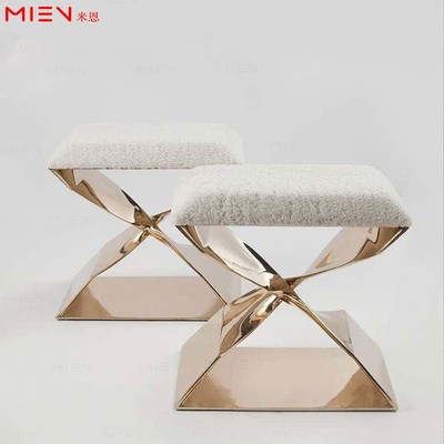 X Stool摩登简约羔羊布轻奢客厅矮凳卧室梳妆凳金属换鞋凳钢琴凳