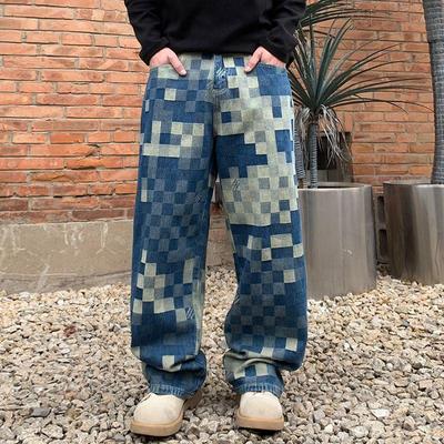 巴黎风棋盘格水洗直筒牛仔裤