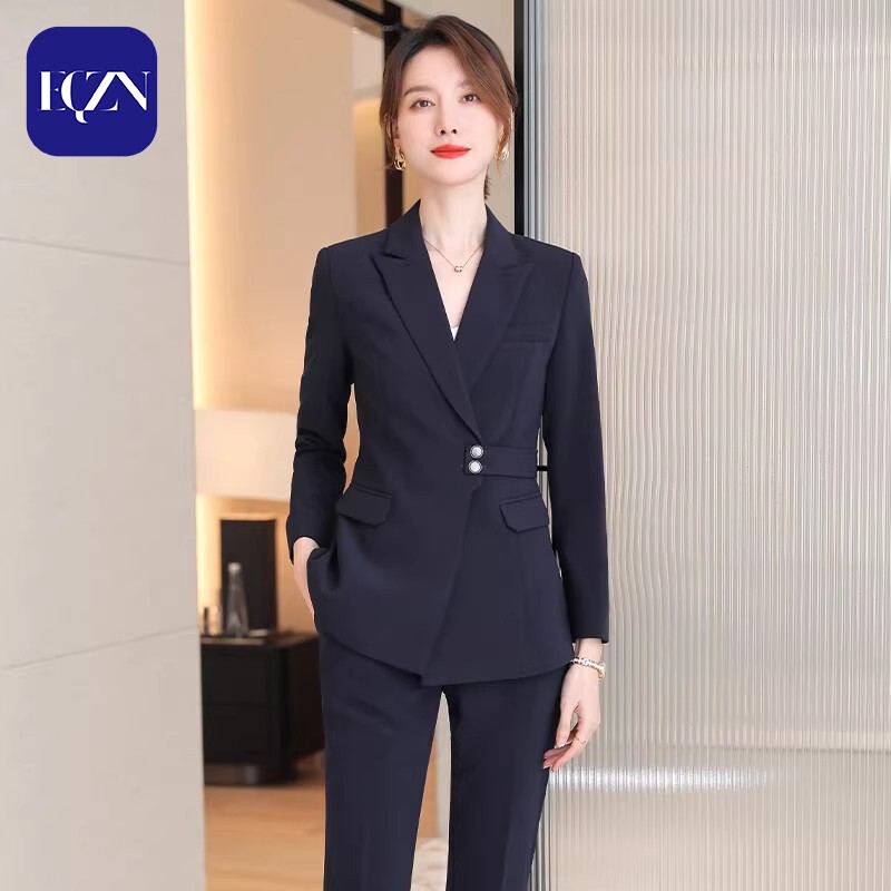 高级感西装套装女春秋气质干练职业装正装藏青色双排扣收腰两件套