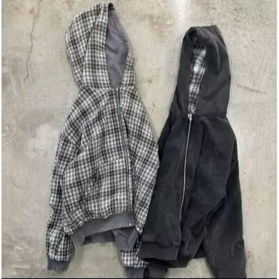 Reversible Plaid American Retro Zipper Hoodie Sweatshirt Men