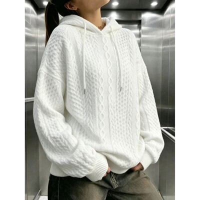 Women's Cable Knit Textured Drawstring Hoodie Sweatshirt New