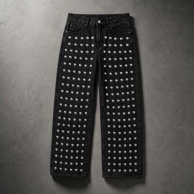 Women Black Metal Stud Decorated Straight Leg Denim Pants Vi