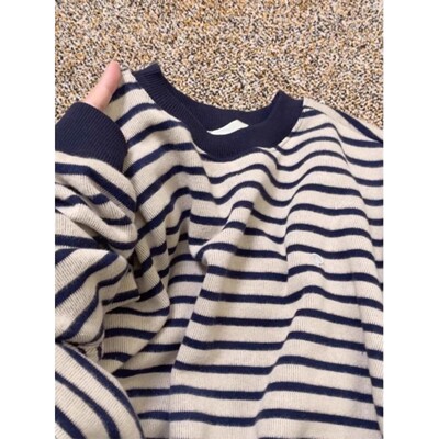 Oversize American Style Striped round Neck Sweatshirt Women'