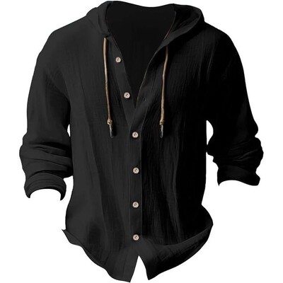 Men's Linen Long Sleeved Solid Color Beach Button Up Hooded