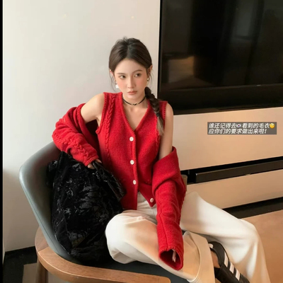 【赠送运费险】红色针织开衫背心