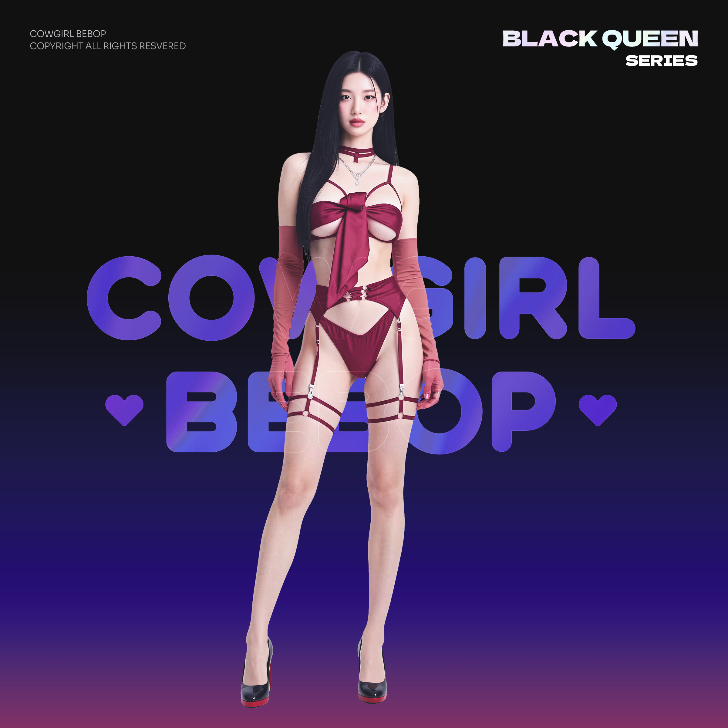 [BLACK QUEEN]大胸推荐钢圈字母蝴蝶结开裆半透性感文胸内衣套装