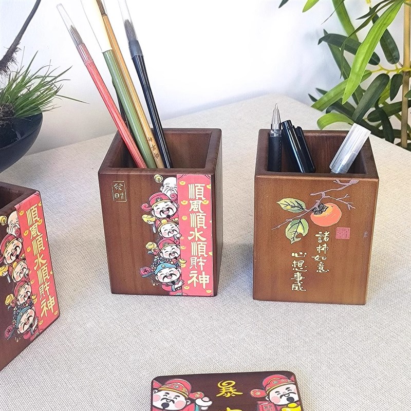 实木财神创意笔筒收纳盒办公室桌面文具用品收纳盒学生礼物笔插