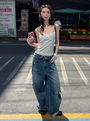 「 2.24春夏新品 」MMFISH 时髦破洞翻折腰头阔腿牛仔裤 26K075