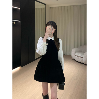 千金风丝绒娃娃领收腰连衣裙