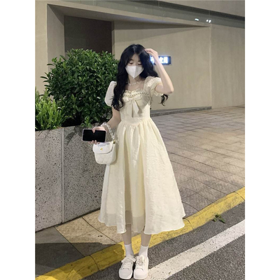 有内里+隐形拉链连衣裙女2024夏季新款蝴蝶结收腰法式甜美公主裙