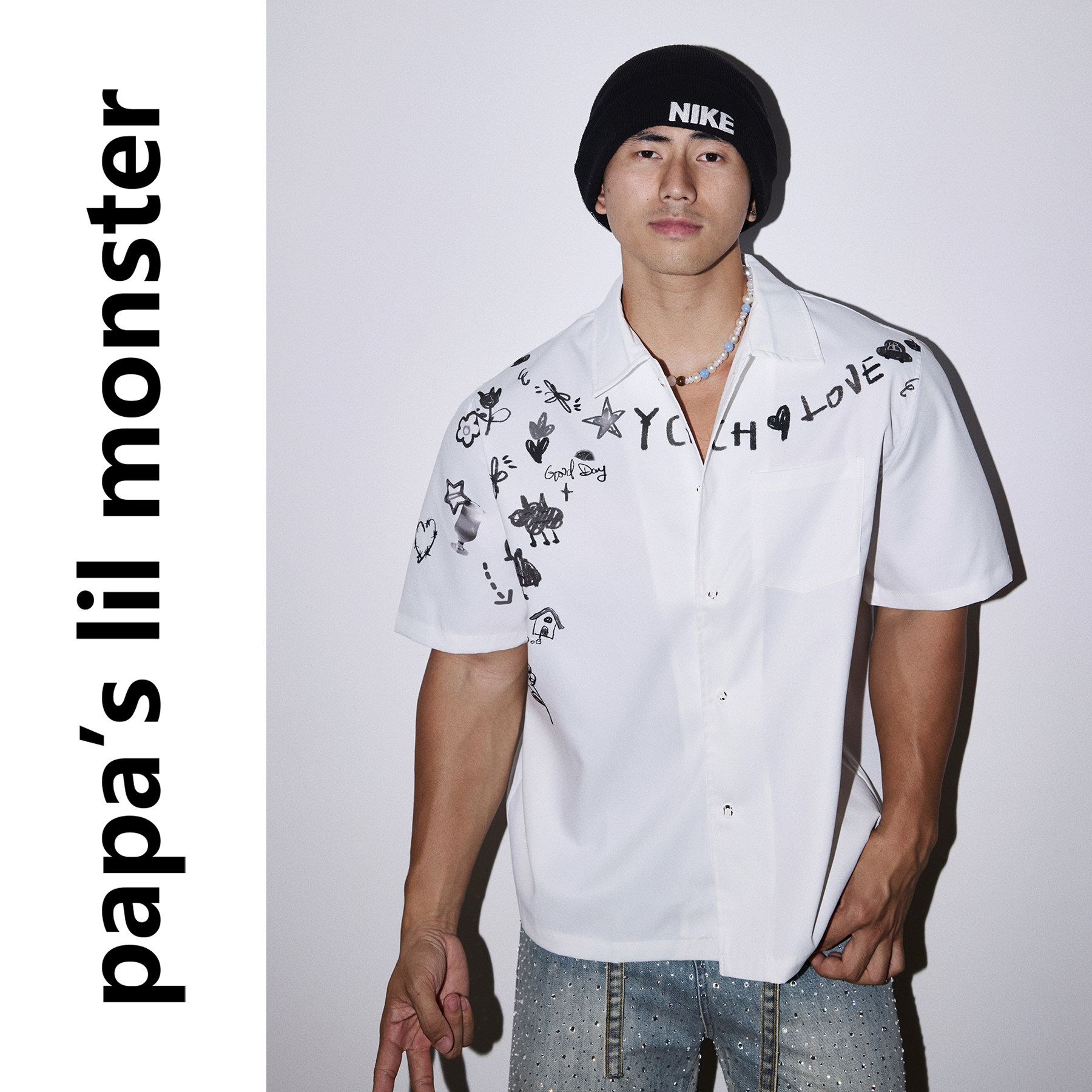 PAPASLILMONSTER 【艺术感】美式领口涂鸦手绘小众趣味衬衫短袖男