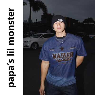 PAPASLILMONSTER【星标渐变】美式复古渐变雅痞刺绣街头T恤男