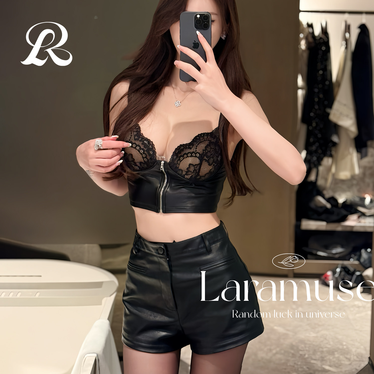 Laramuse性感仿皮拼接蕾丝吊带文胸套装前内衣小胸聚拢情调两件套