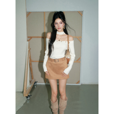 【现货】OLIVIA DUO挂脖一字领上衣2025冬季辣妹露肩修身针织衫