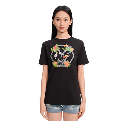 璞德格骊黑色印花圆领高级感短袖