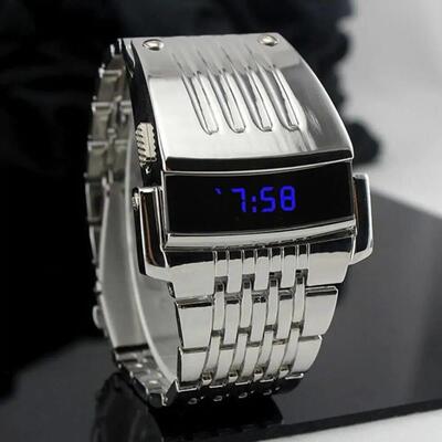 Fashion Blue LED Display Wide Stainless Steel Band Men Digit