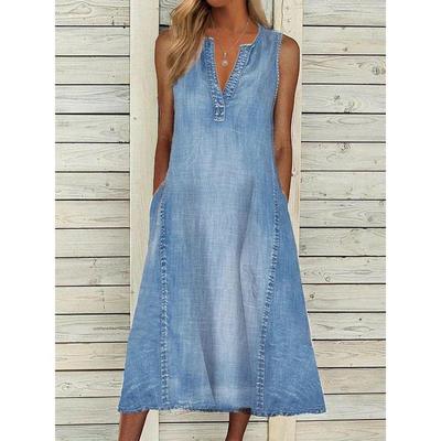 Summer Sleeveless A-line Dress Women Sexy V-neck Blue Denim