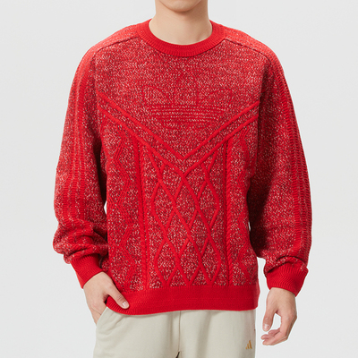 阿迪达斯三叶草红色毛衣男装26春季新款运动圆领套头针织衫KT0693