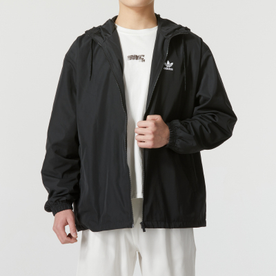 阿迪达斯三叶草夹克男春季新款黑色连帽运动服休闲防风外套IR9852