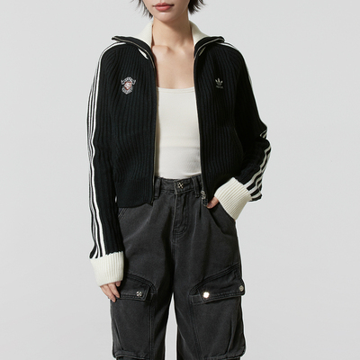 阿迪达斯三叶草编织衫女装休闲潮流运动服针织毛衣夹克外套KF0718