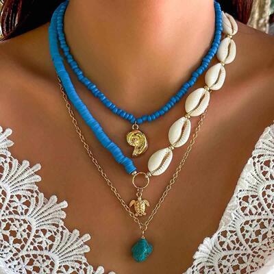 Bohemian sunflower imitation pearl shell necklace woman跨境