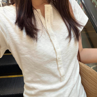 韩系半开领修身显瘦短袖t恤女