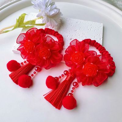 国庆头花儿童大红头绳流苏发饰中国新款国小女孩发圈丸子头饰发绳
