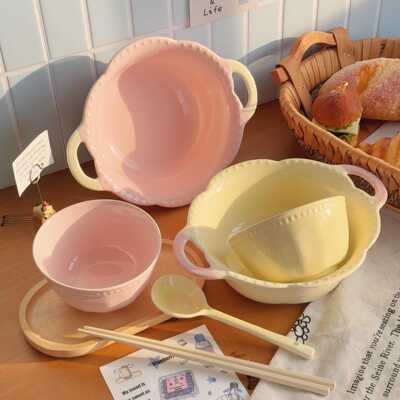 2025 Particularly Beautiful Double Ear Ceramic Soup Bowl, Rice Bowl, Underglaze Colored Tableware, Home Dormitory