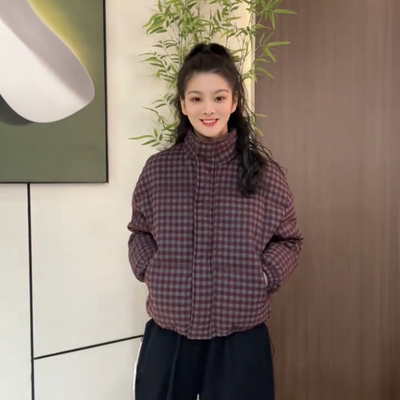 2025冬季新款韩版短款格子加厚棉服设计感减龄时尚棉衣立领外套女